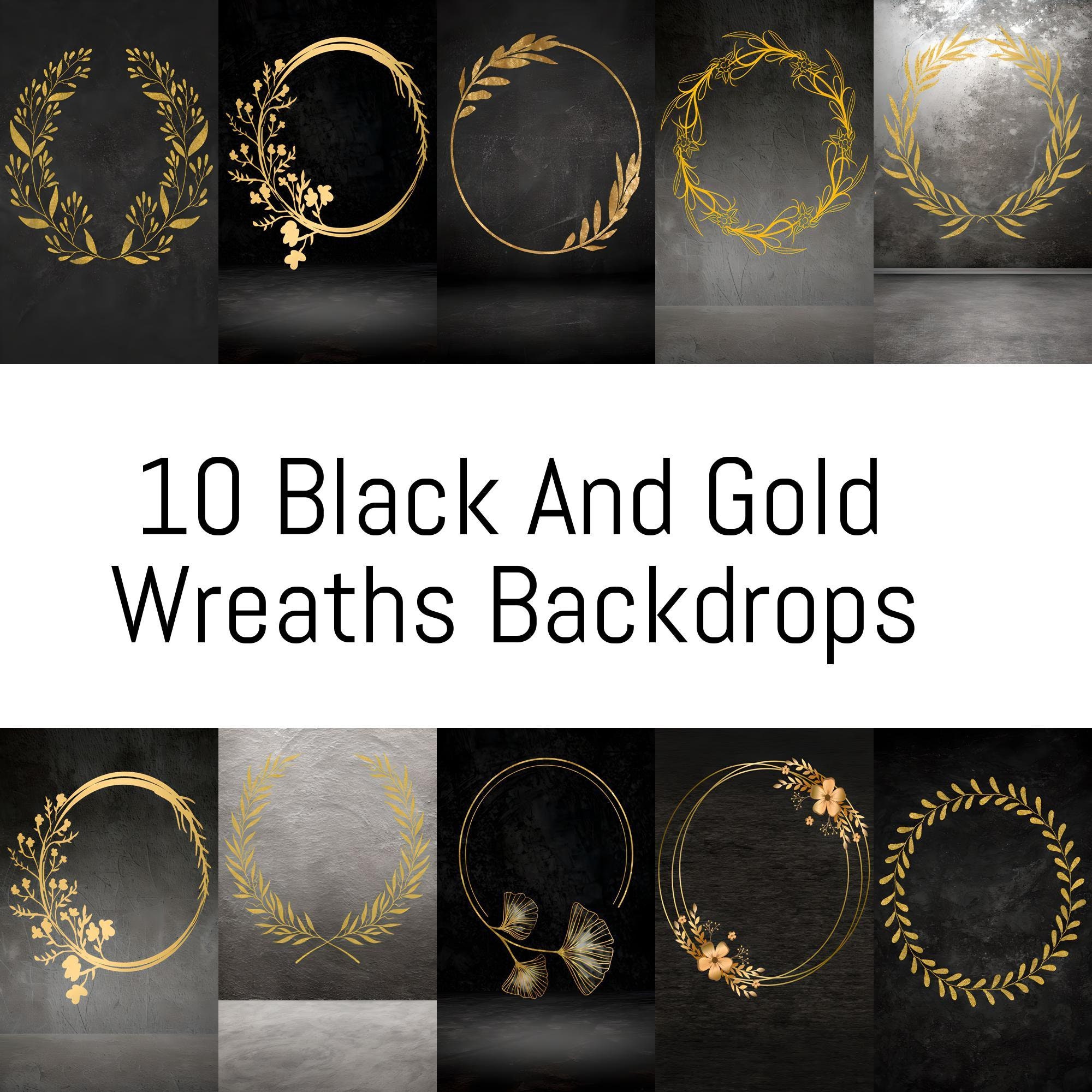 10 Black and Gold Wreath Digital Backdrops, Golden Wreath Black ...