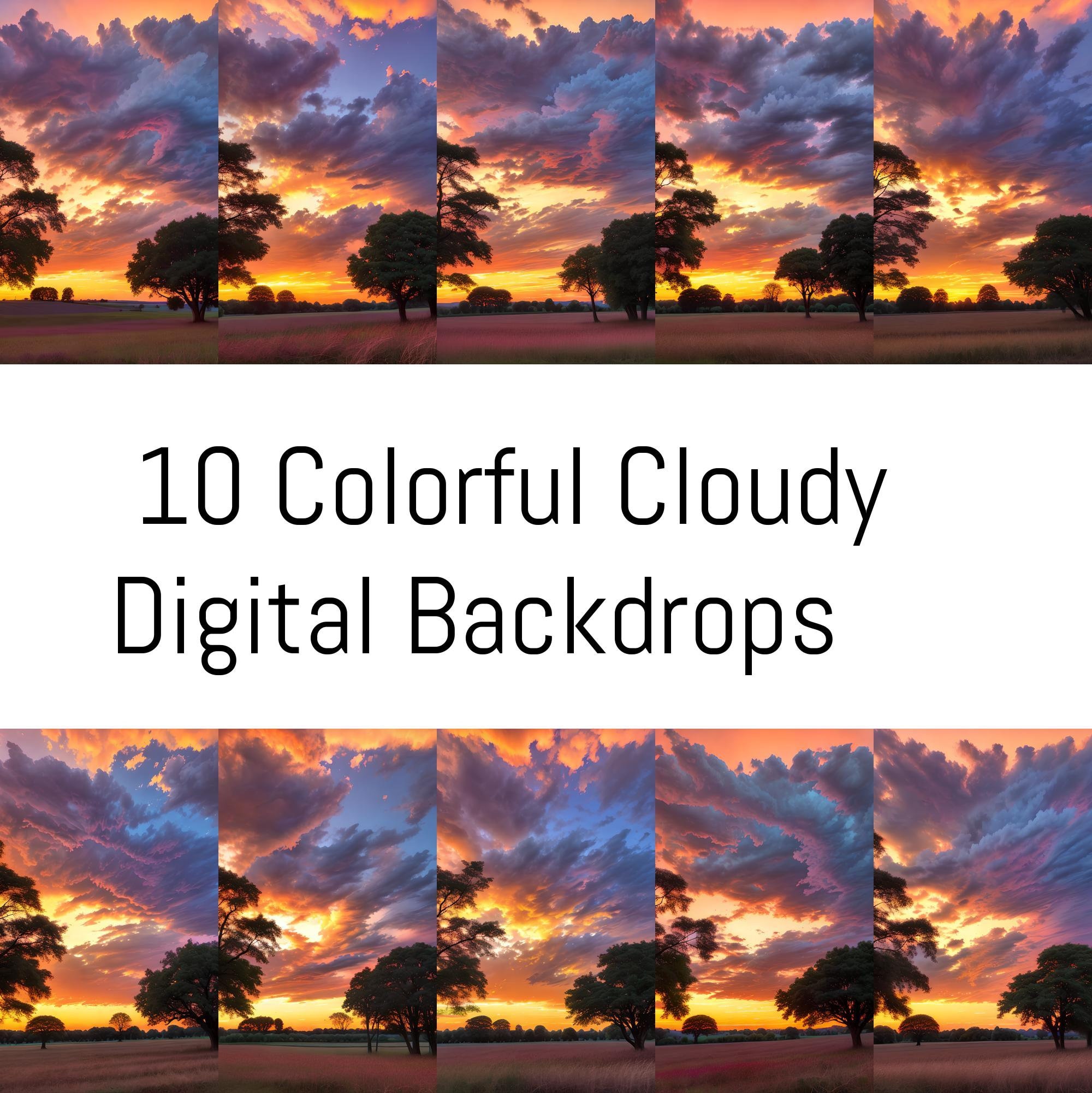 10 Colorful Sky Backgrounds, Clouds Digital Backdrop, Cloudscape ...