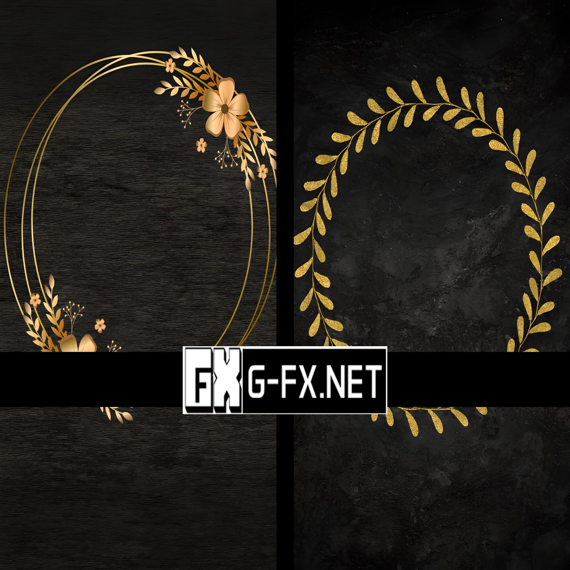 10 Black and Gold Wreath Digital Backdrops, Golden Wreath Black ...