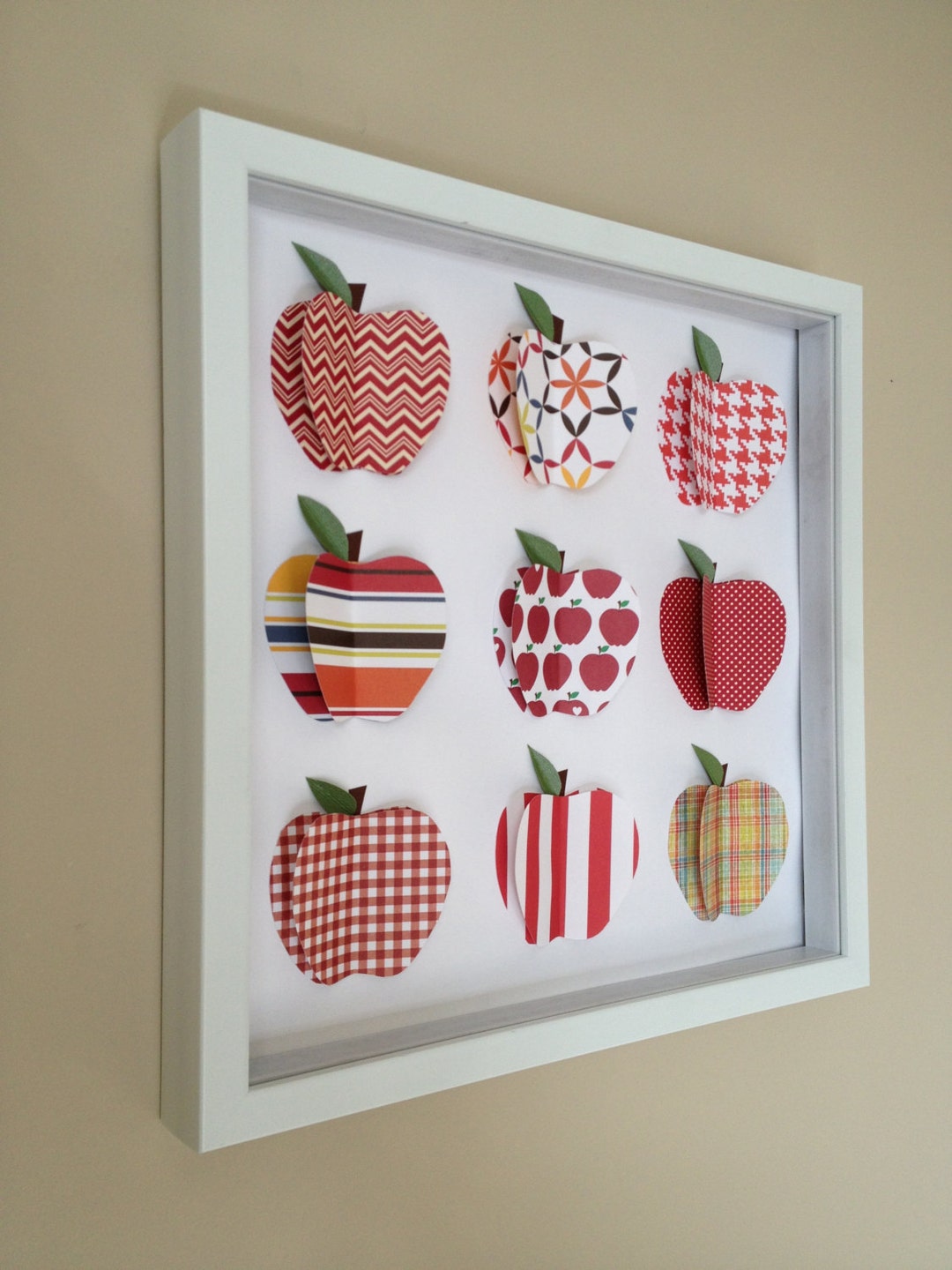 Red Apple, 3D Paper Art, 12x12 Shadow Box Frame, Apple Decor, Kitchen ...
