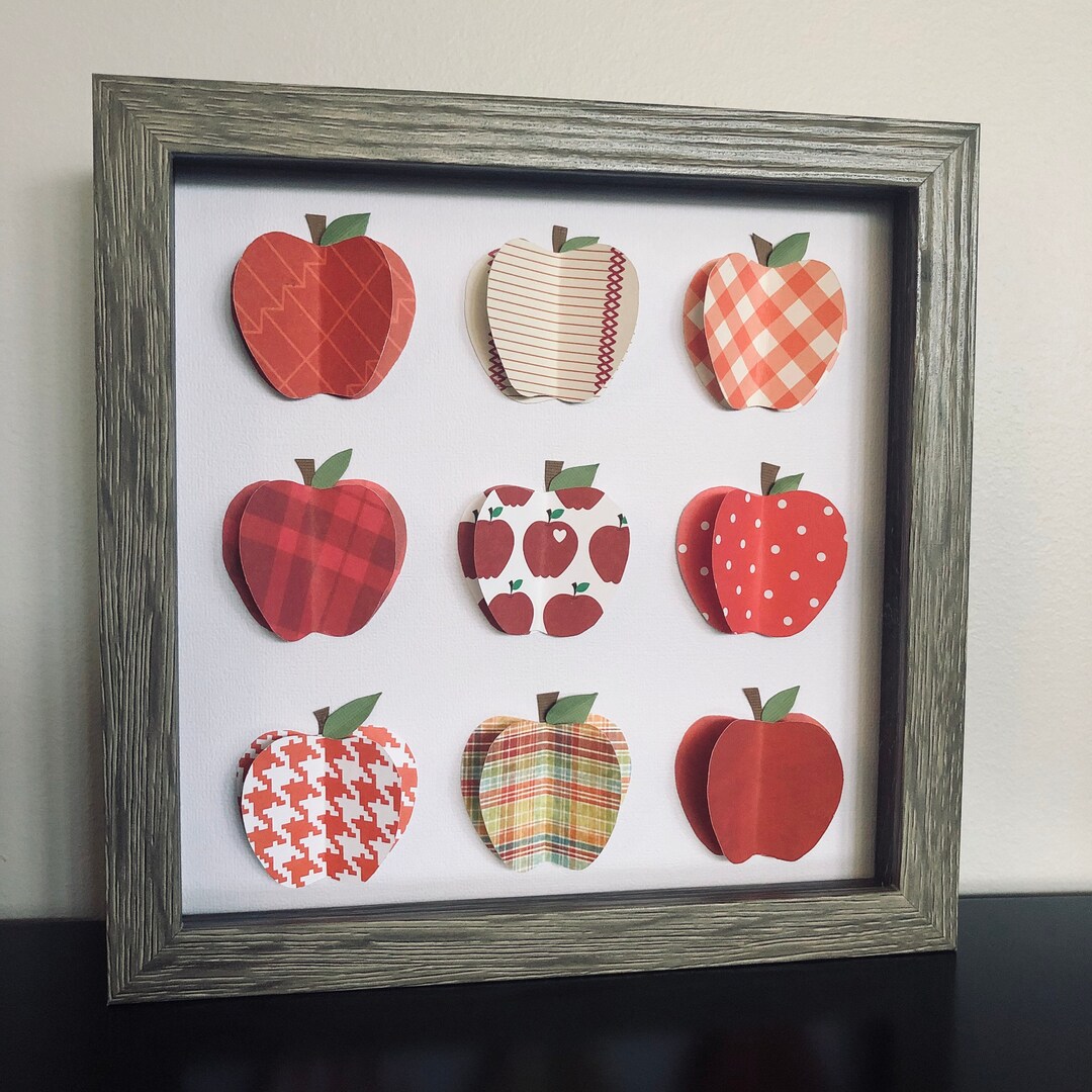 Red Apple, 3D Paper Art, Kitchen Decor, Shadow Box Frame, Red Apple Art ...