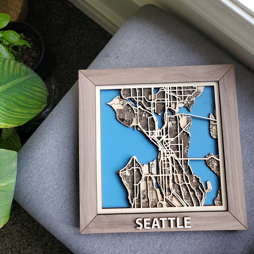 Seattle 9.5"x9.5" Custom 3D Map on Wood, Laser Cut/engraved, 5 Layers ...