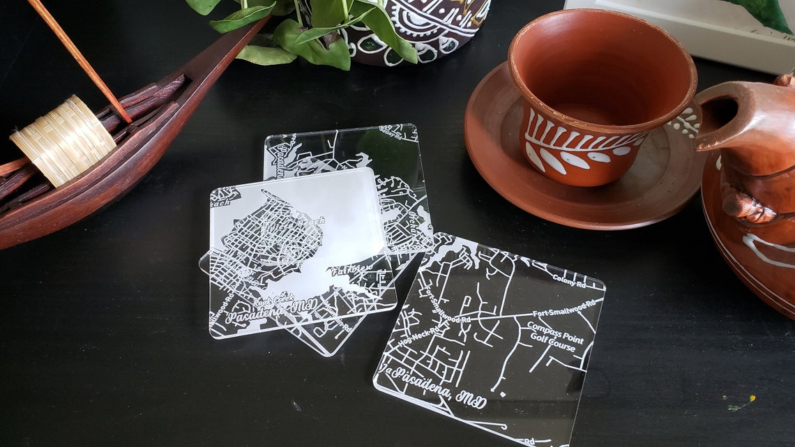 Custom City Map Acrylic Coasters, Personalized Location, Set of 4, Any ...