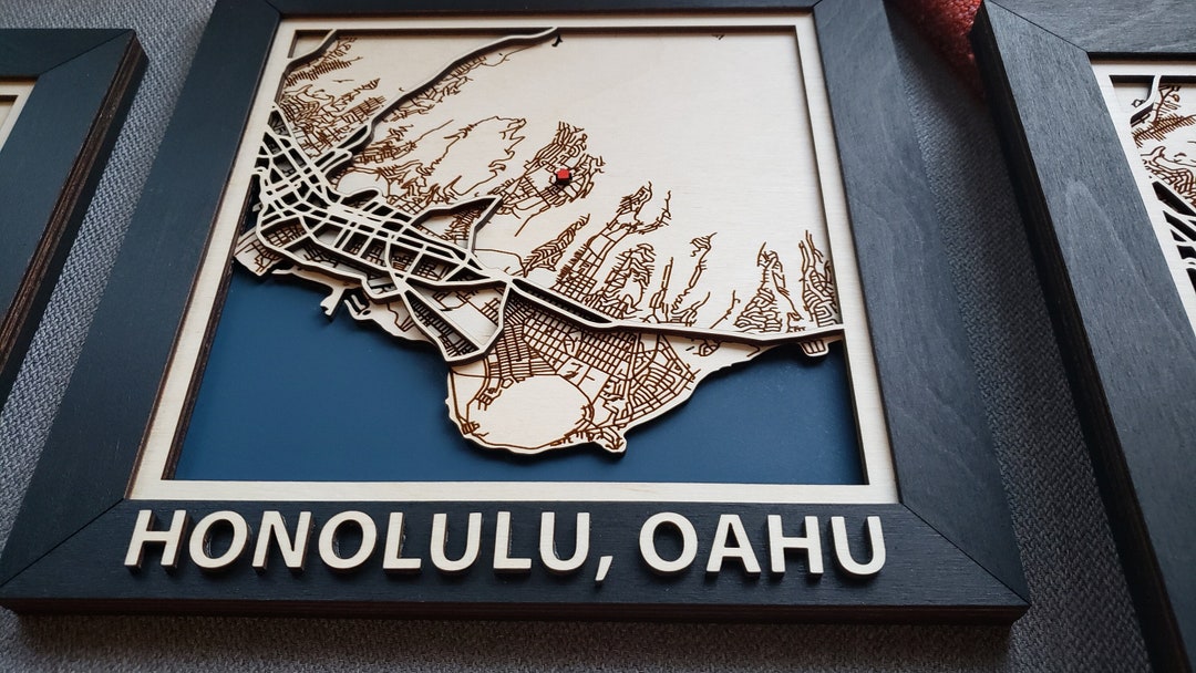 Honolulu, Oahu 9.5"x9.5" Custom 3D Map on Wood, Laser Cut/engraved, 5 ...
