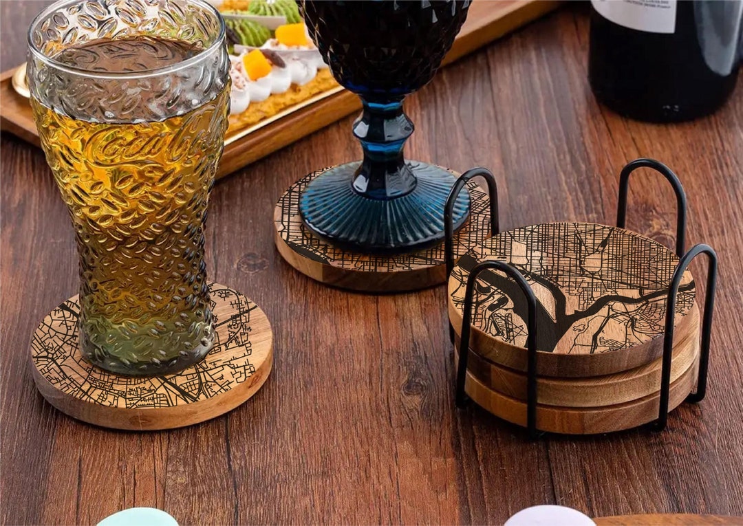 Personalized City Map Wooden Coasters, Set of 4. Any Map of Your Choice ...