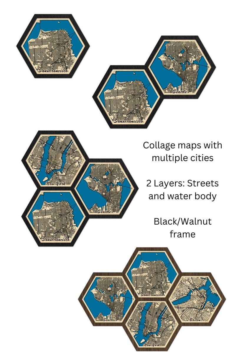 3D Hexagon Collage Map of Multiple Cities on Wood, Any City, Laser Cut ...