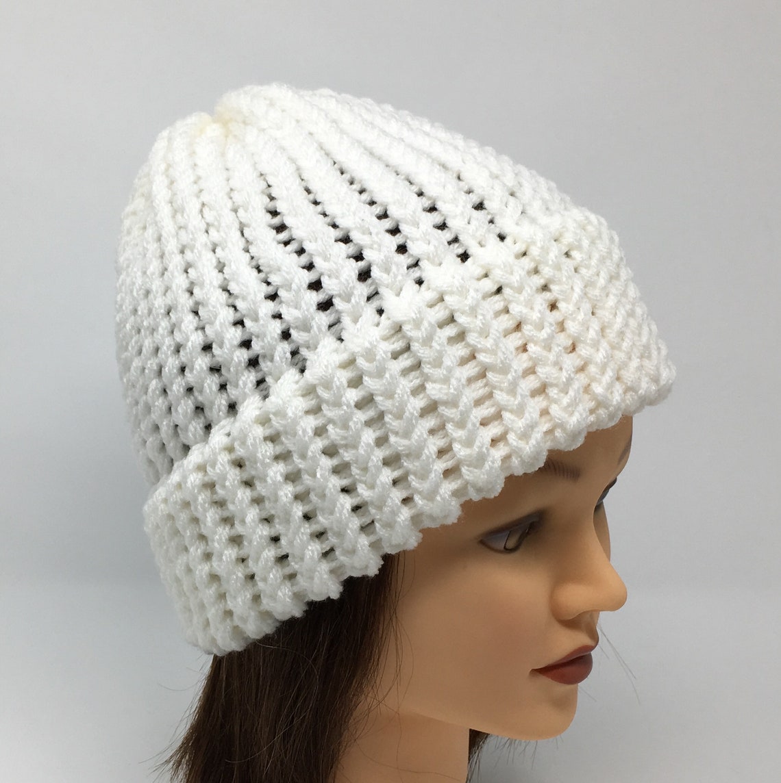 White Knit Hat, Handmade Loom Knitted Acrylic Beanie, Warm Winter Hat ...