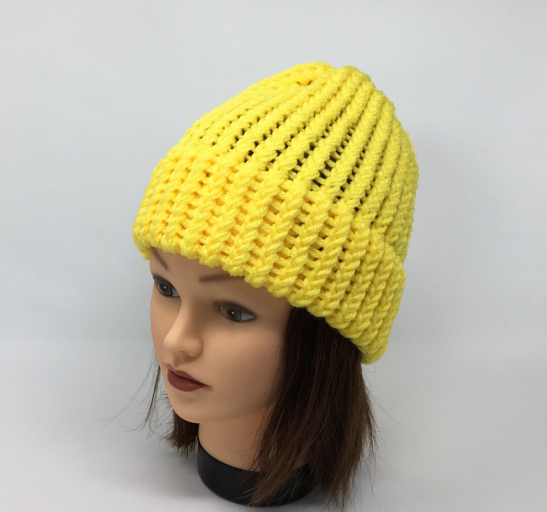 Bright Yellow Knit Hat, Handmade Loom Knitted Acrylic Beanie, Warm ...