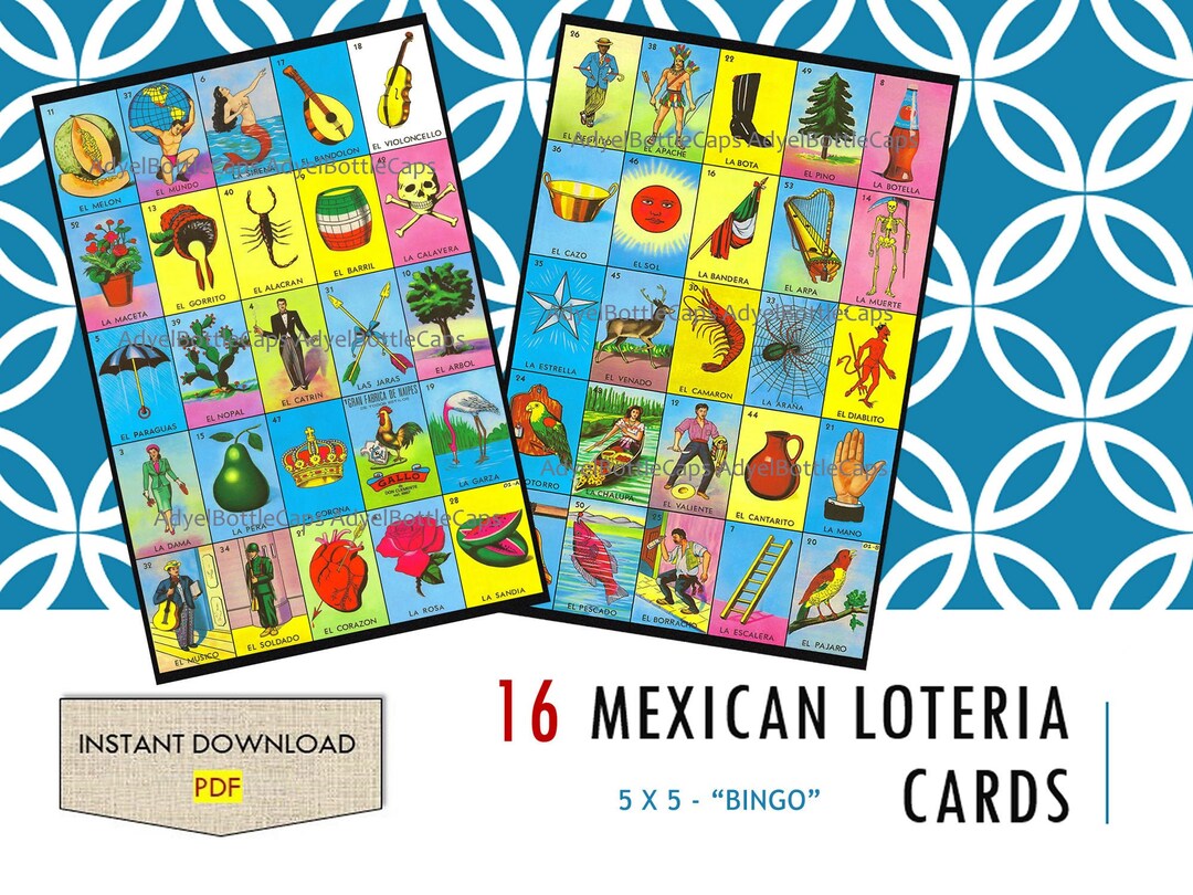16 Loteria Cards - 5 X 5 - Bingo TWO SIZES - Digital Download - Cartas ...