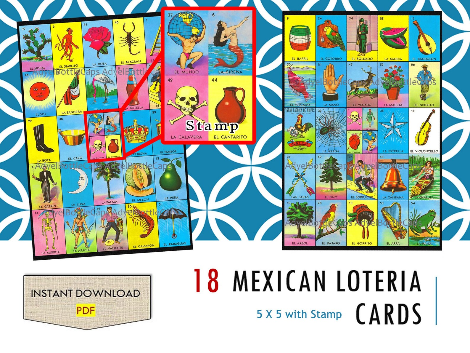 18 Loteria Cards - 5 X 5 With Stamp - TWO SIZES - Digital Download ...