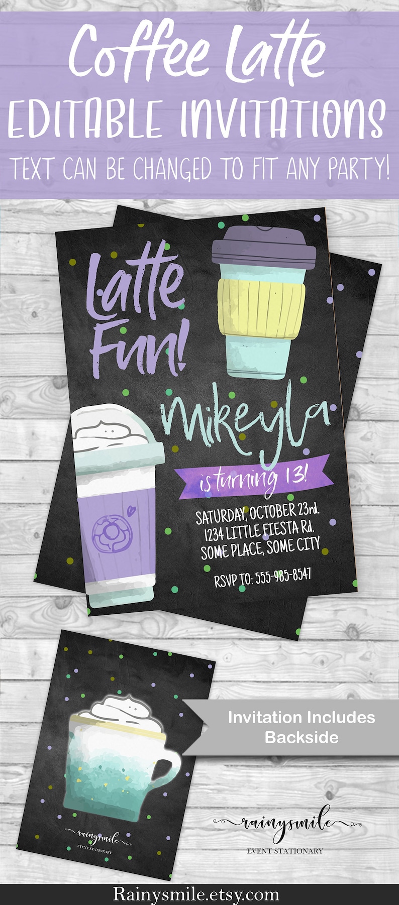 Chalkboard Latte Invitation Coffee Birthday Printable Card Etsy