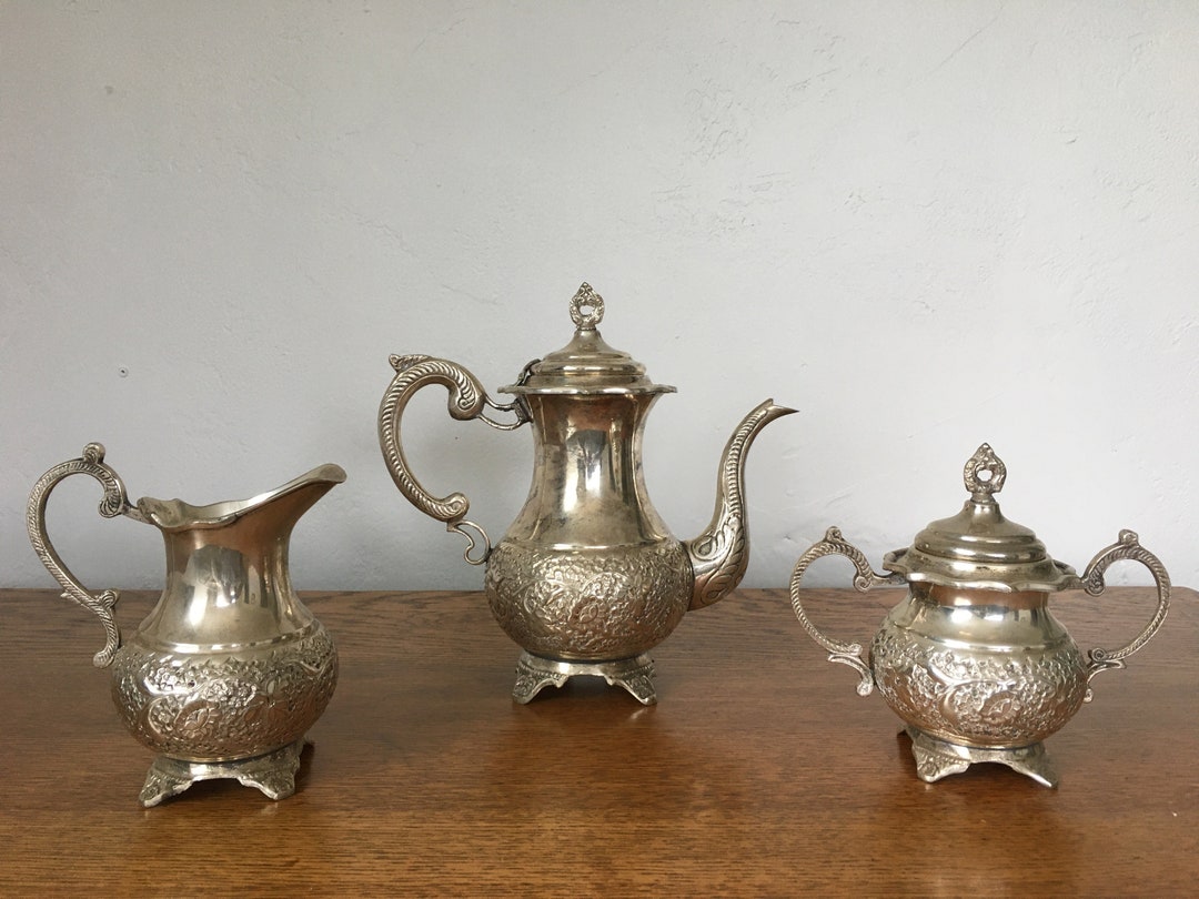 Ornate Antique German Silver Tea Set W/ Teapot, Creamer and Sugar Bowl ...