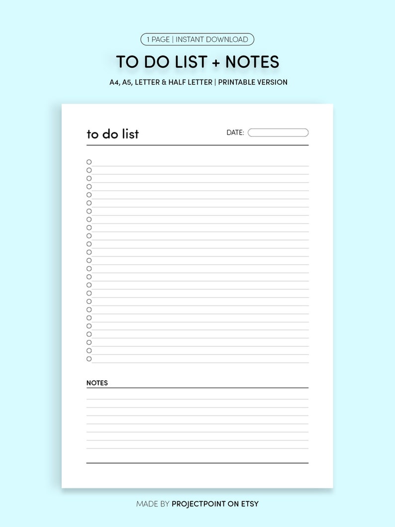 To Do List With Notes, Plan and Note Printable, Productivity Planner ...