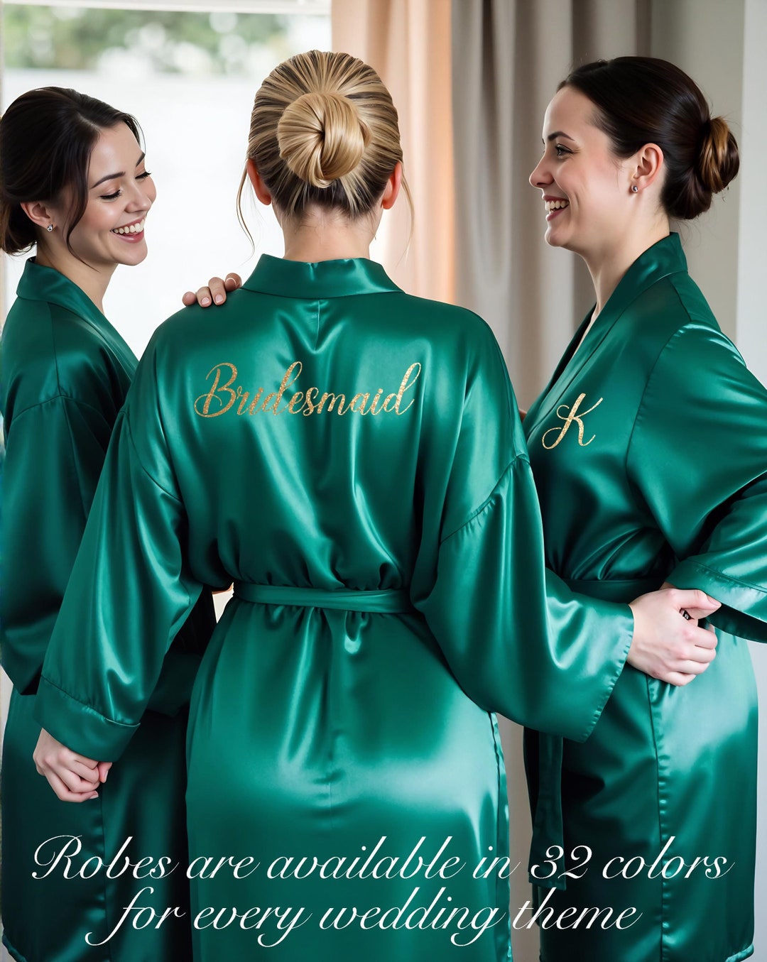 Emerald Green Satin Bridesmaid Robes in Long Ankle Length With Front ...
