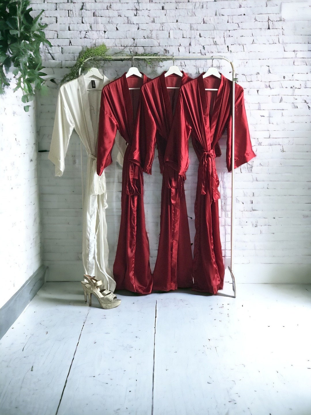 Bridesmaid Robes Long Ankle Calf Length Satin Maroon Red and ...