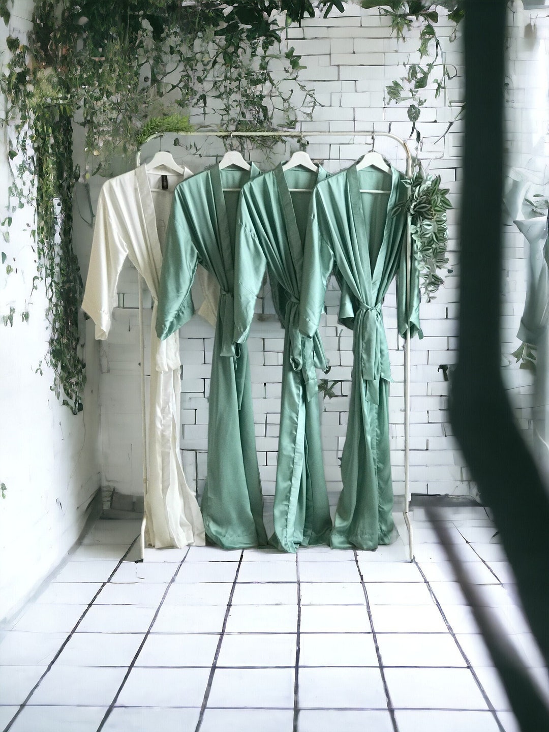 Bridesmaid Robes in Sage Satin Long Ankle or Calf Length Personalized ...