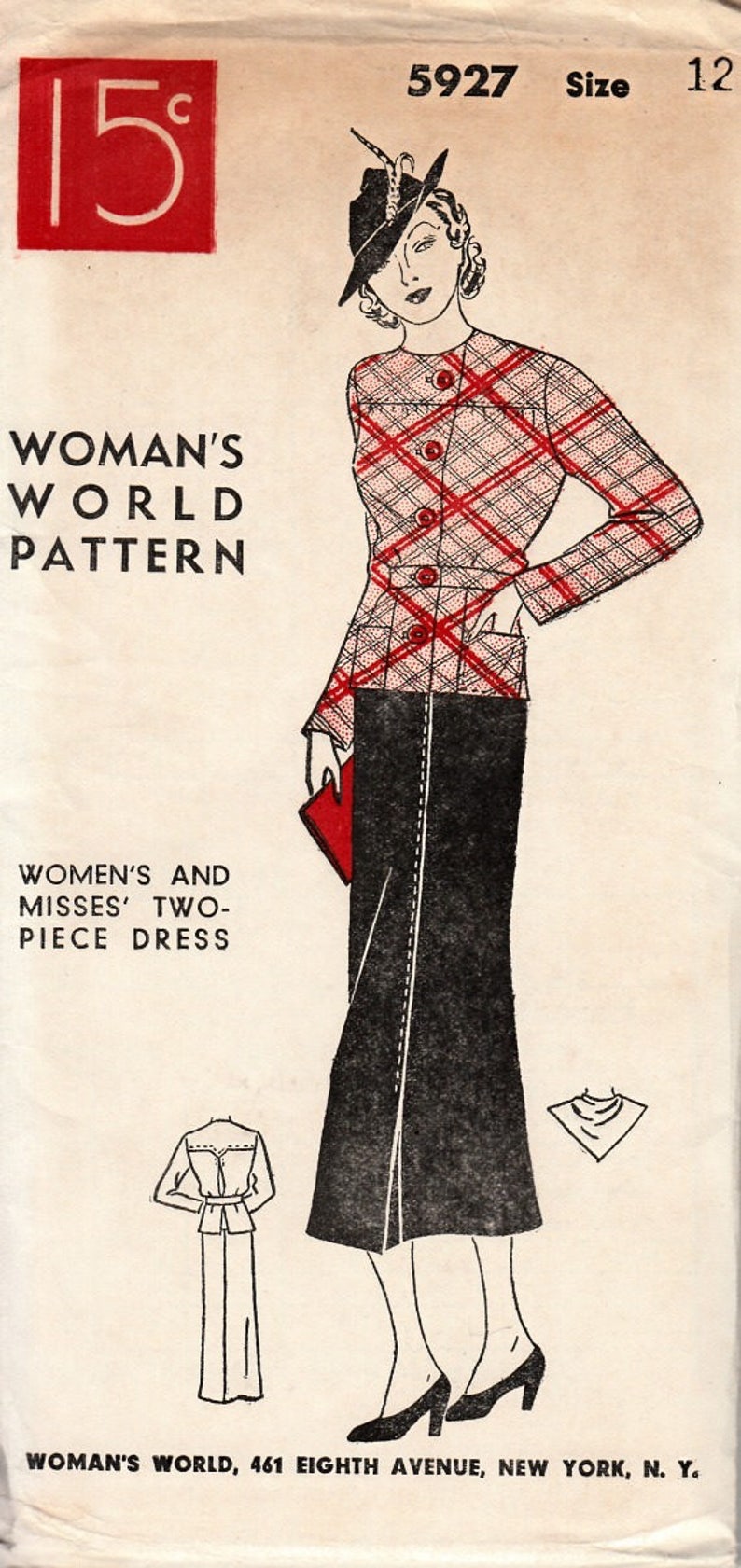 1930's Two Piece Dress Sewing Pattern Jewel Neckline Size - Etsy