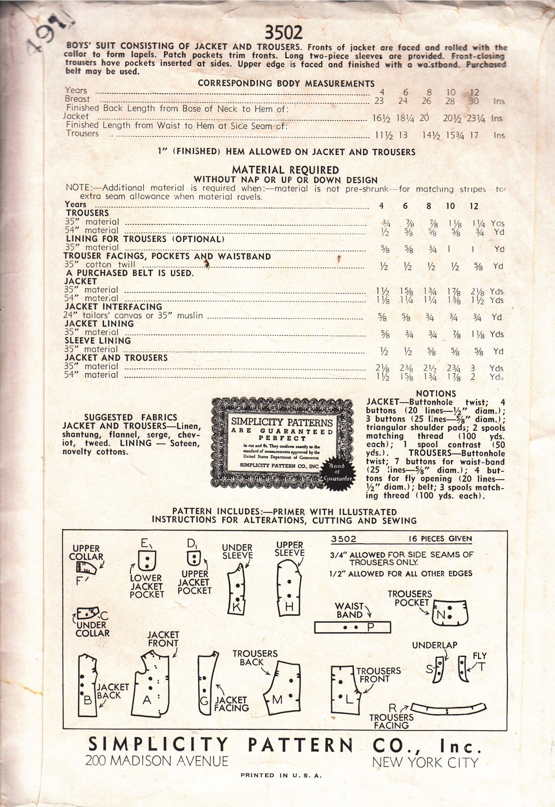 1940's Boys Shorts Suit Jackets Vintage Simplicity 3502 Sewing Pattern ...