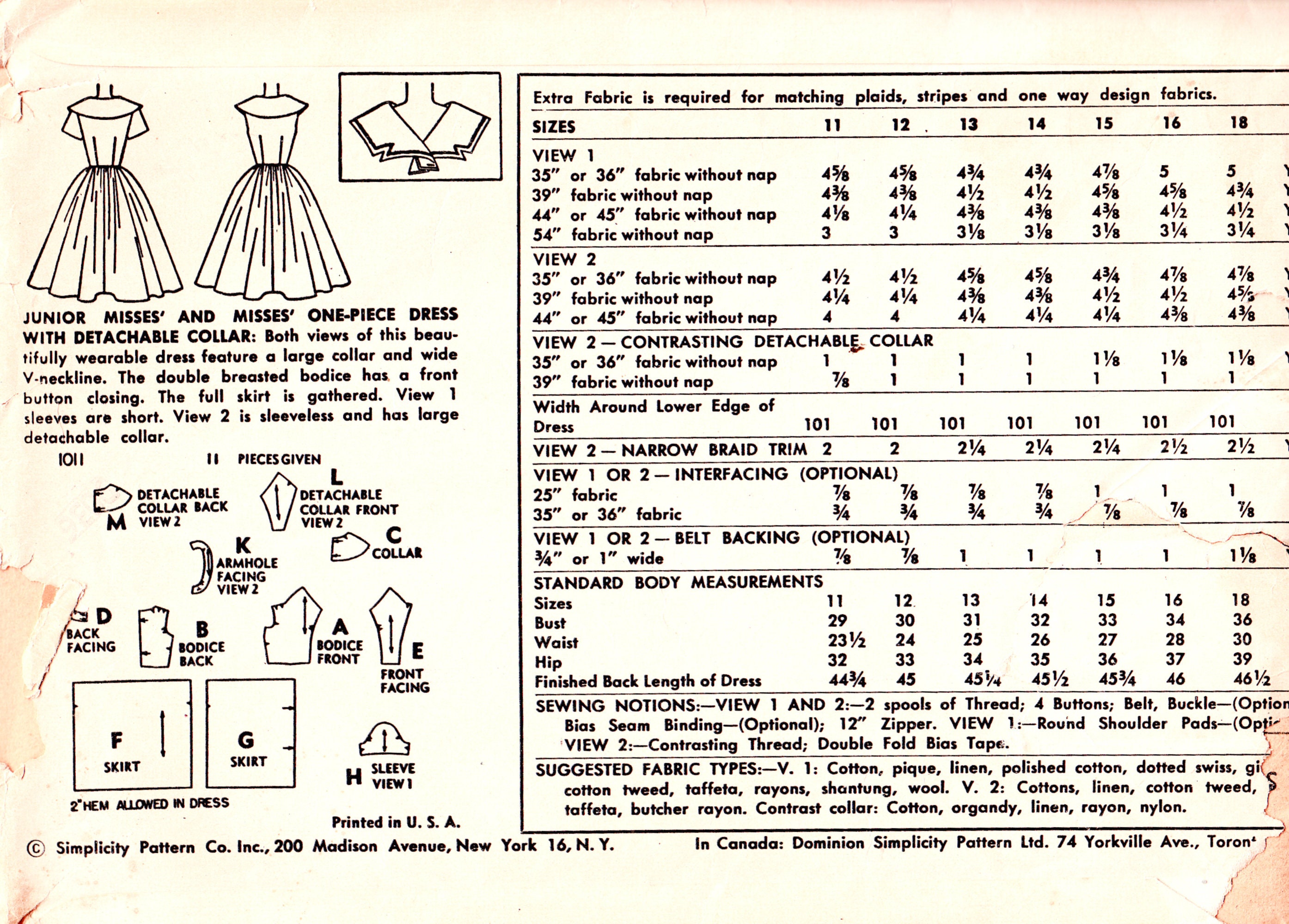 Vintage 50's One Piece Dress Wide Collar Simplicity 1011 Sewing Pattern ...