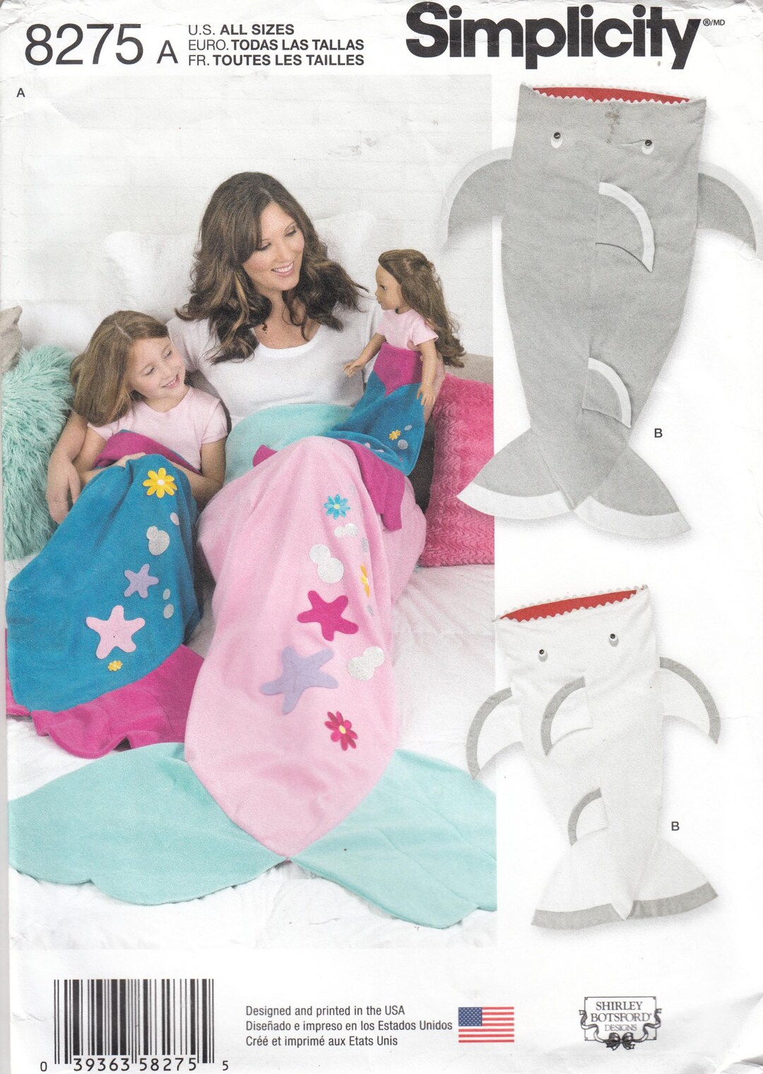 Simplicity 8275 Sewing Pattern Adult Child and 18" Doll Sizes Mermaid Shark Tail Blankets Uncut ...