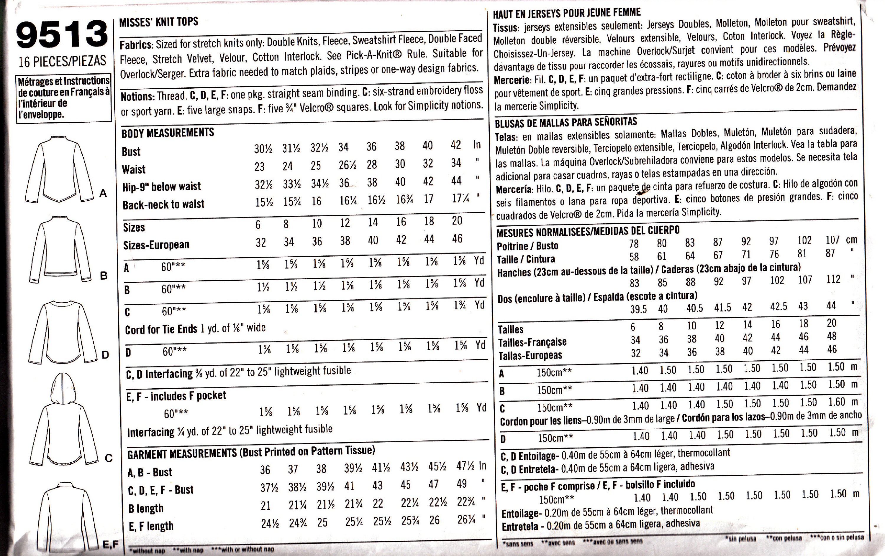 Vintage Simplicity 9513 Sewing Pattern Pullover Tops Hoodies Shortcuts ...