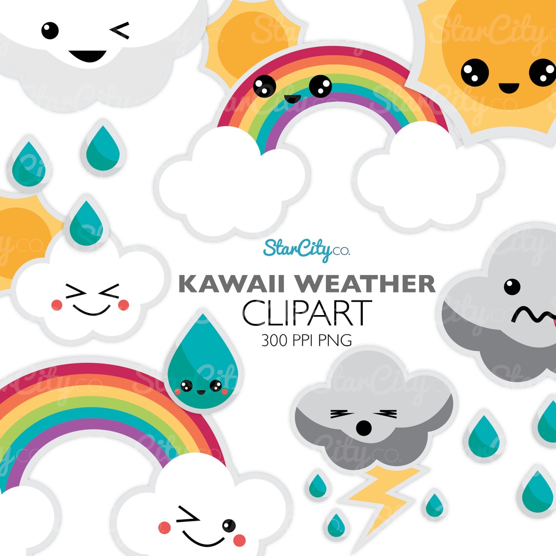 Kawaii Weather Clipart Rainbow Cloud and Storm Clip Art - Etsy