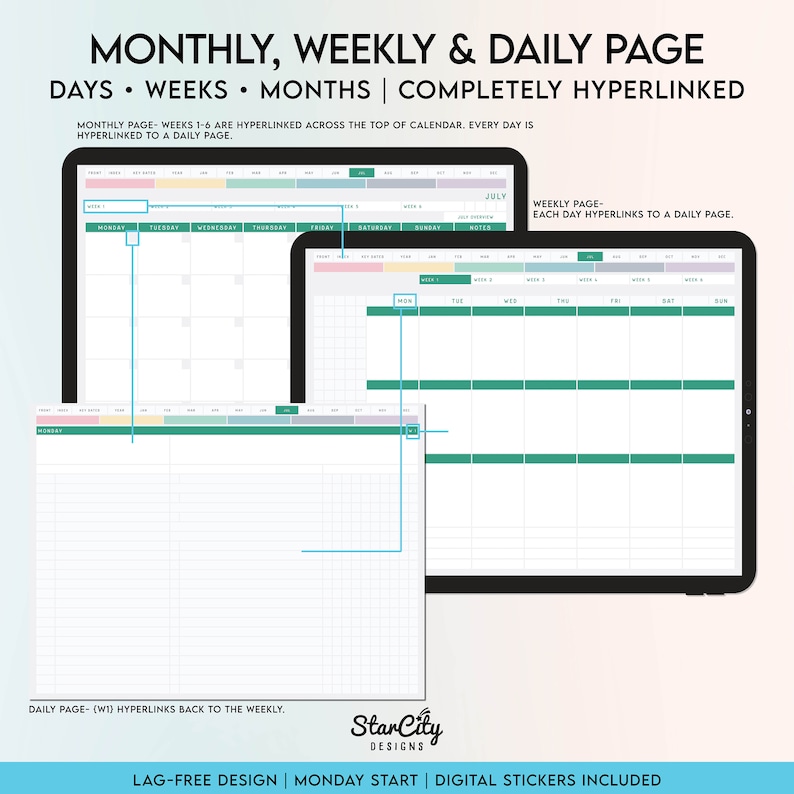 Undated Digital Landscape Planner, Hyperlinked Tabs, Note Shelf Planner ...