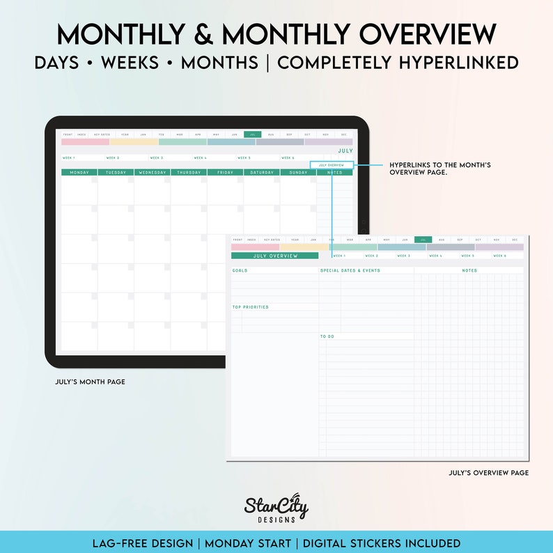 Undated Digital Landscape Planner, Hyperlinked Tabs, Note Shelf Planner ...