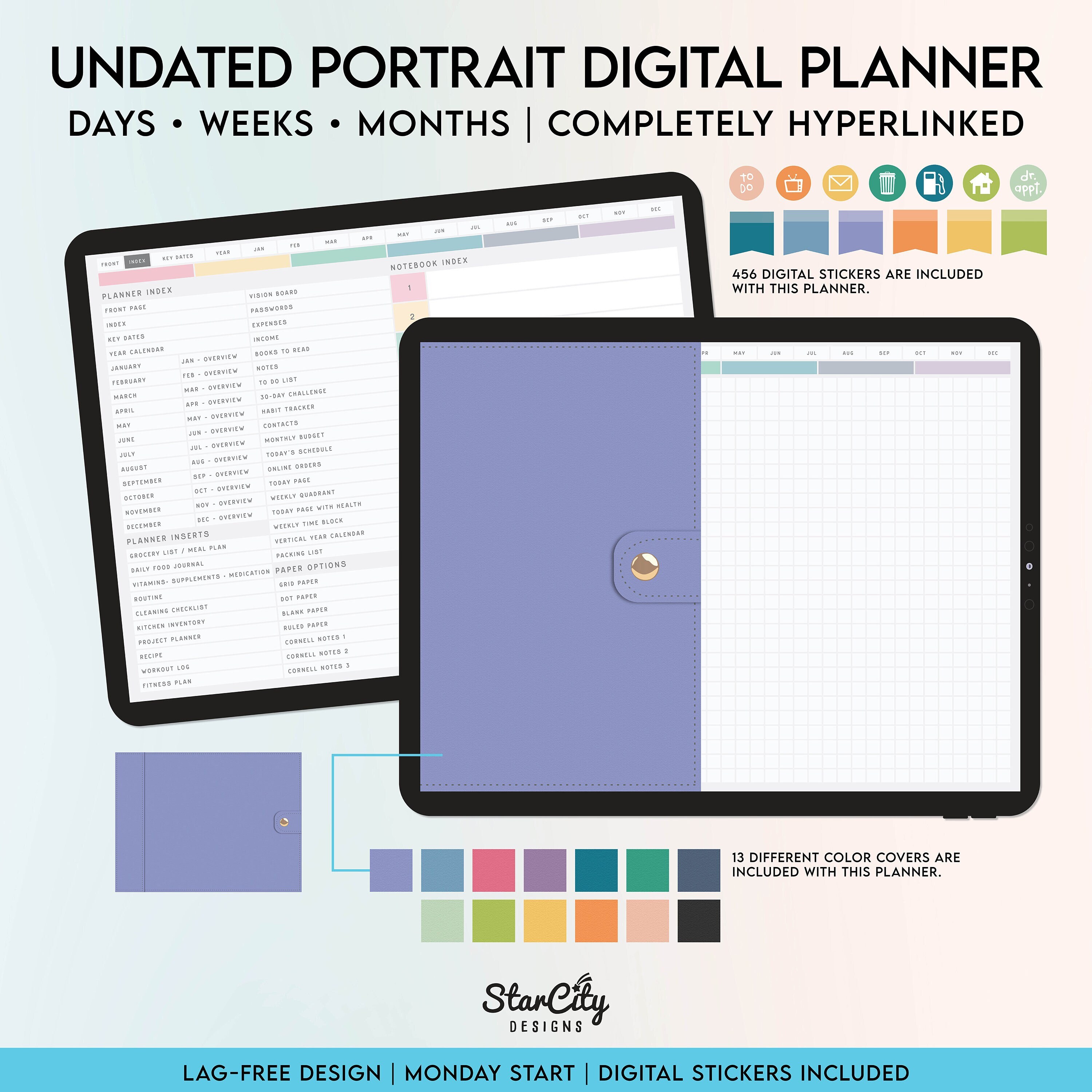 Undated Digital Landscape Planner, Hyperlinked Tabs, Note Shelf Planner ...