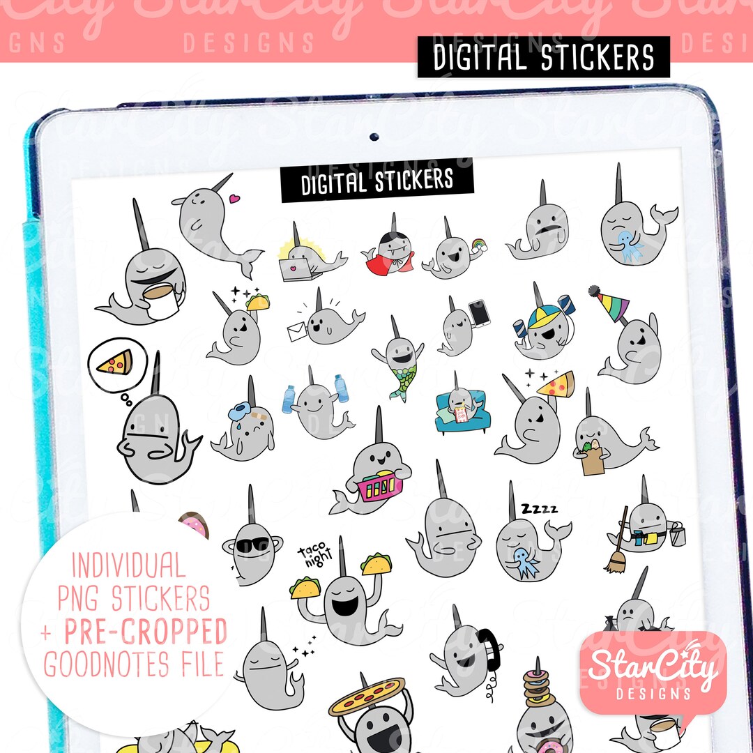 Narwhal Stickers Pre-cropped for Goodnotes, Assorted Narwhal Png ...