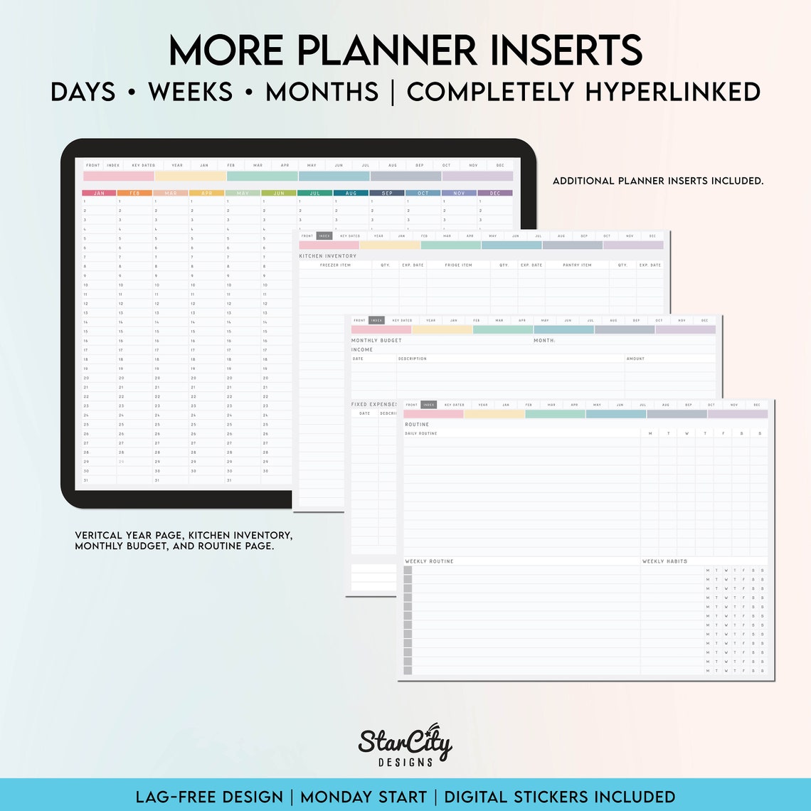 Undated Digital Landscape Planner, Hyperlinked Tabs, Note Shelf Planner ...