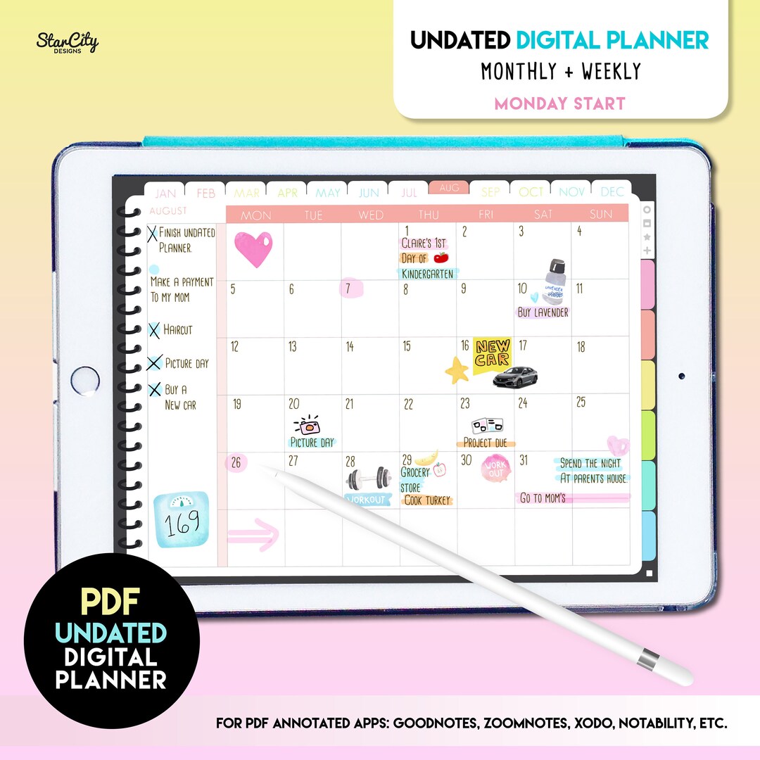 Monday Start Undated Digital Planner, Landscape Digital Undated Planner ...