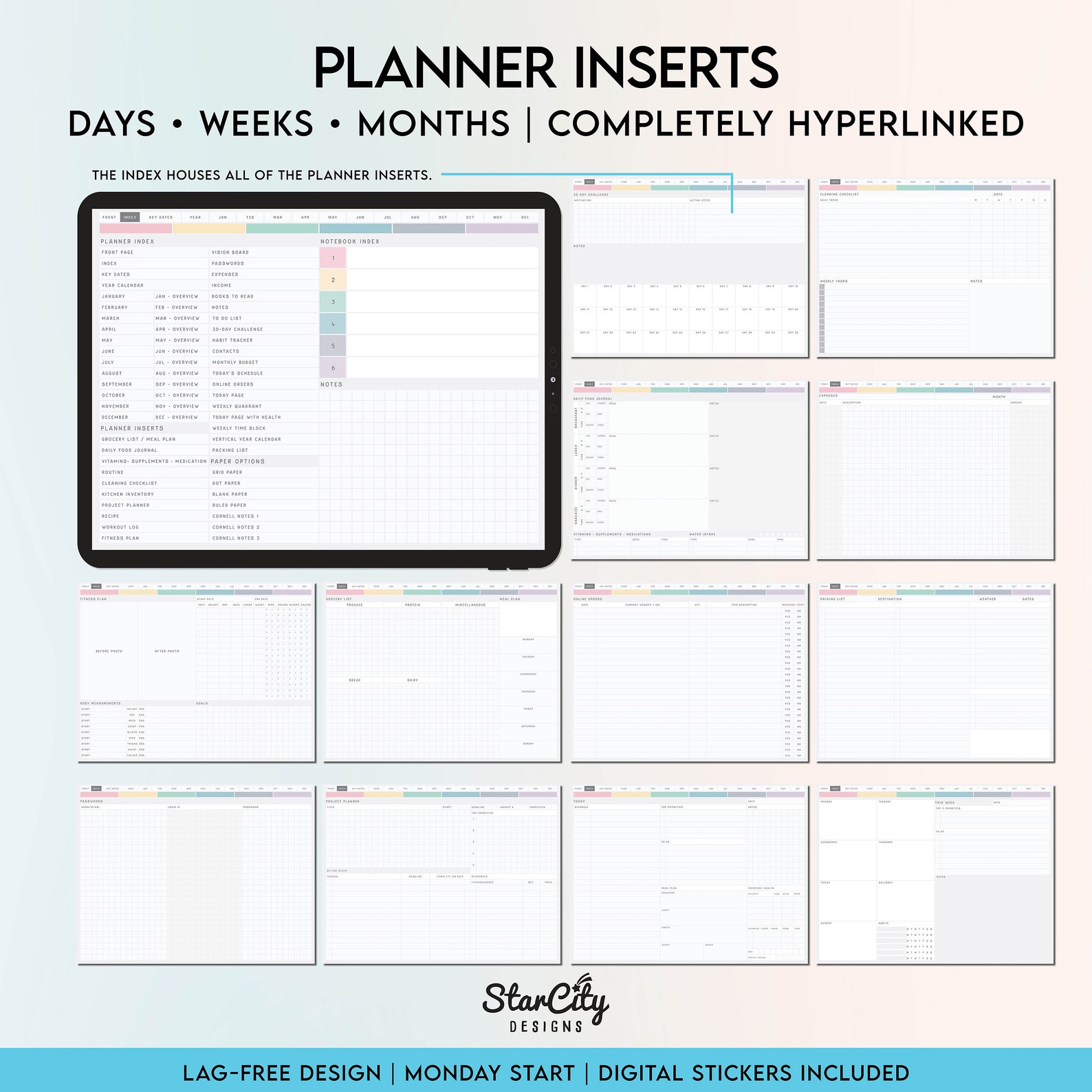 Undated Digital Landscape Planner, Hyperlinked Tabs, Note Shelf Planner ...