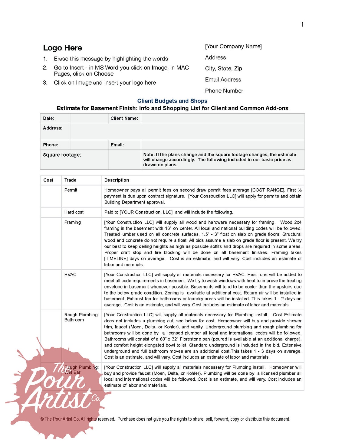 Basement Finishing Project Bid Estimate Template, BID Estimate, Job ...