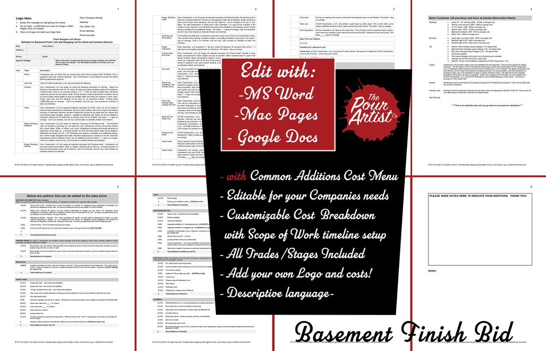 Basement Finishing Project Bid Estimate Template, BID Estimate, Job ...