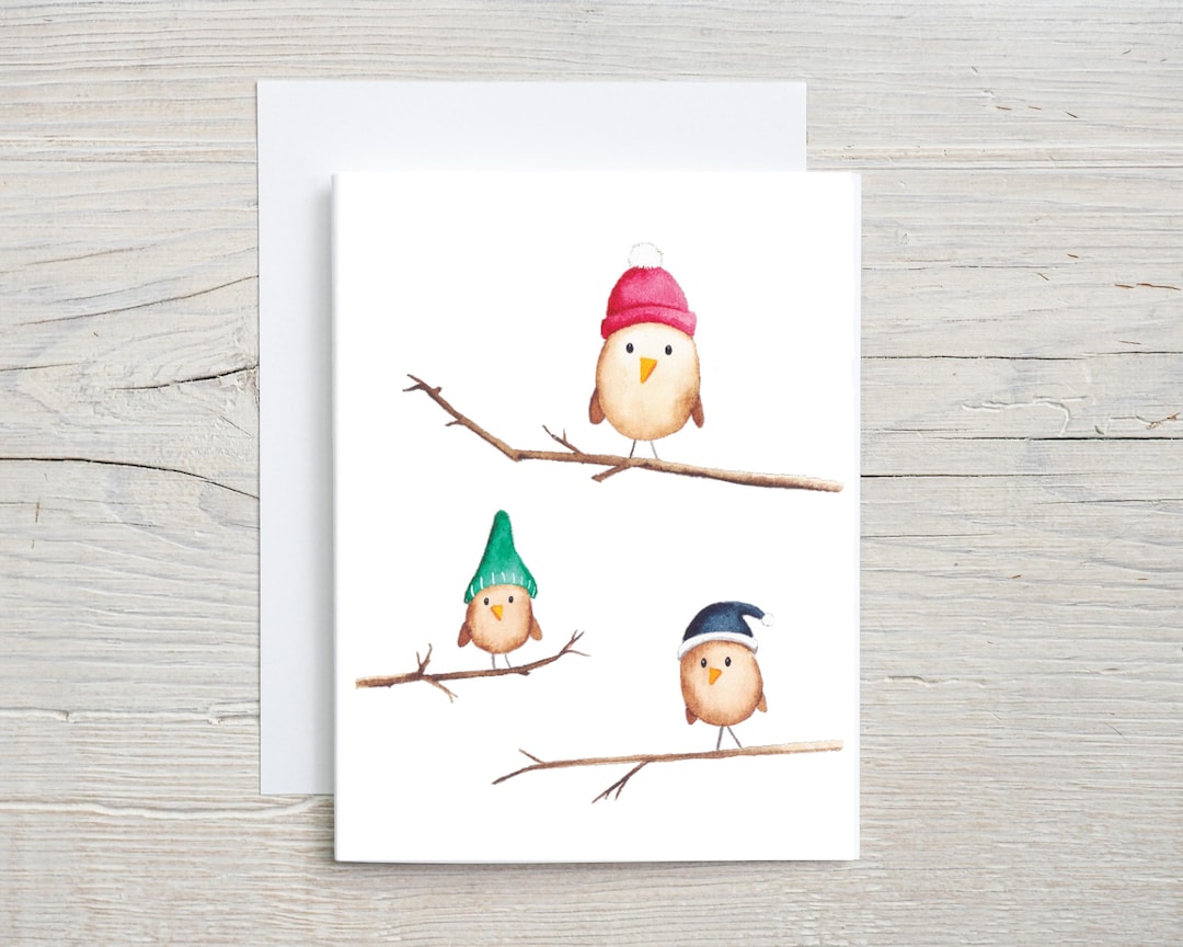 Winter Birds Christmas Card - Hand-painted Holiday Greeting Card With ...