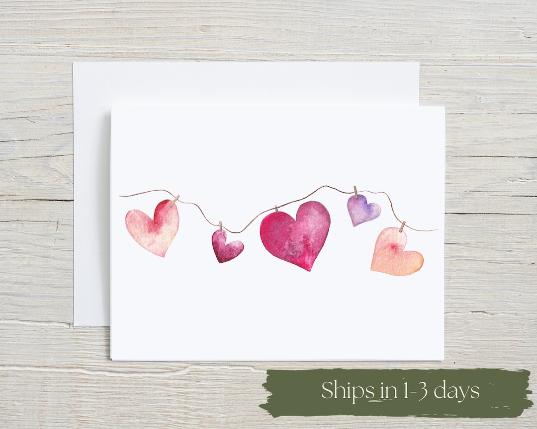 String of Hearts Card, Valentine Watercolor Stationary, Hand-painted ...
