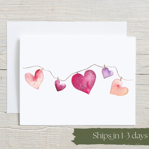 String of Hearts Card Valentine Watercolor Stationary - Etsy