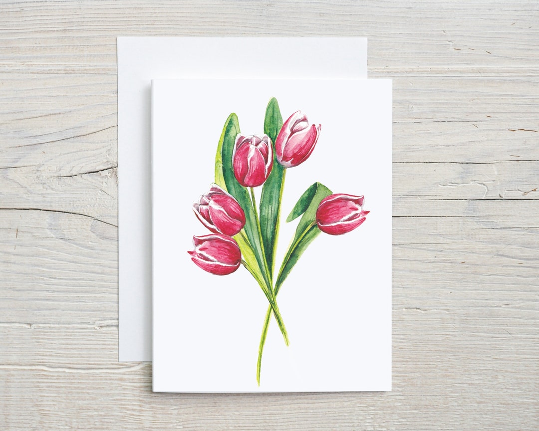 Tulip Note Card, Spring Greeting Card, Botanical Stationary, Bouquet of Red Tulips, Folded Blank ...