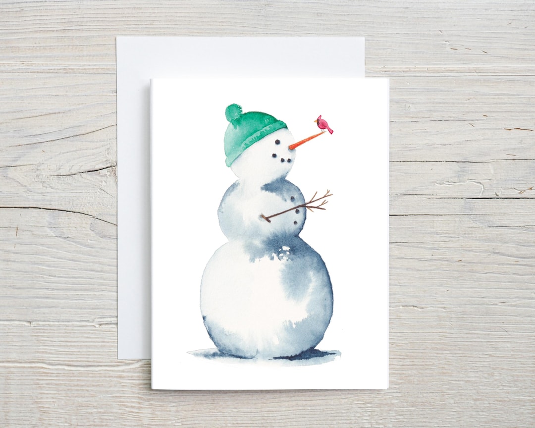 Watercolor Snowman Christmas Card - Snowman With Red Bird - Hand ...