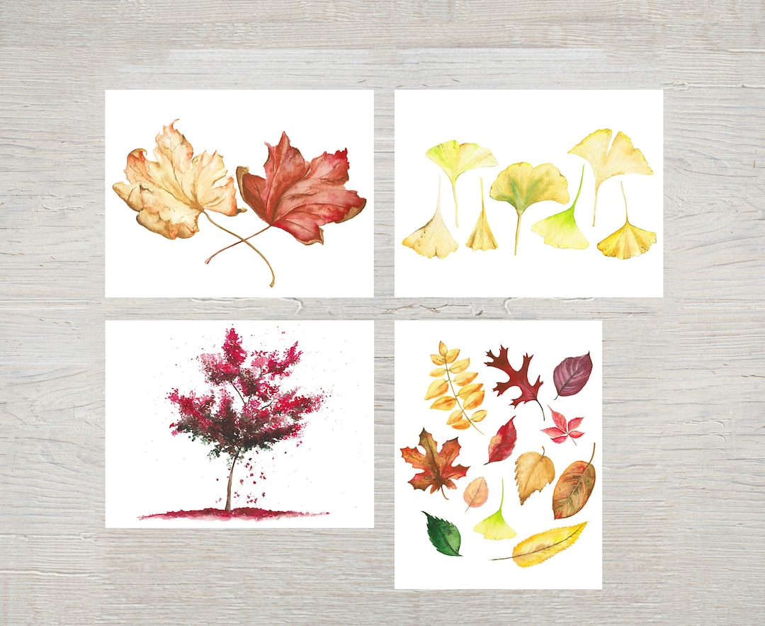 Fall Card Set of 4 or 8, Autumn Watercolor Stationary, Leaves Card Set ...