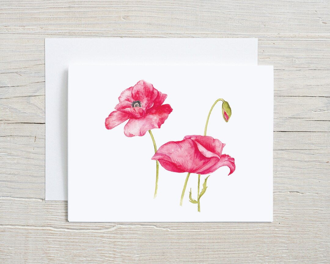 Pink Poppy Card – Watercolor Floral Note Card, Botanical Blank Card for ...