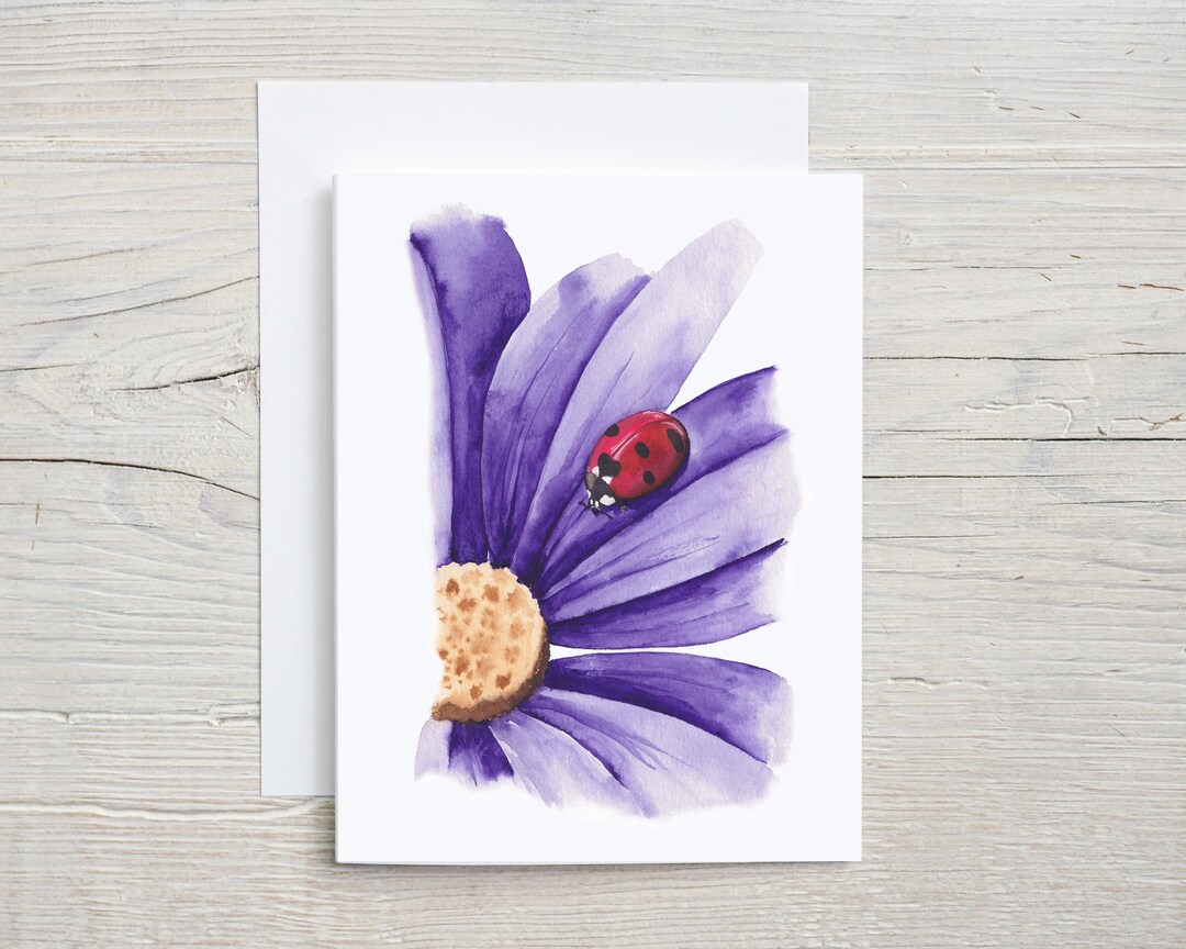 Ladybug on Purple Daisy Watercolor Card - Blank Inside Nature-inspired ...
