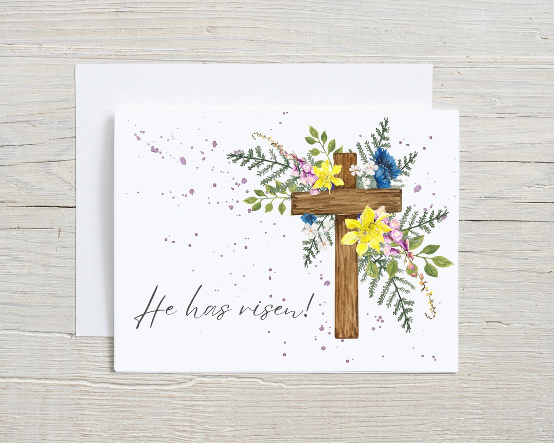 He Has Risen Easter Card – Christian Easter Greeting With Floral Cross ...