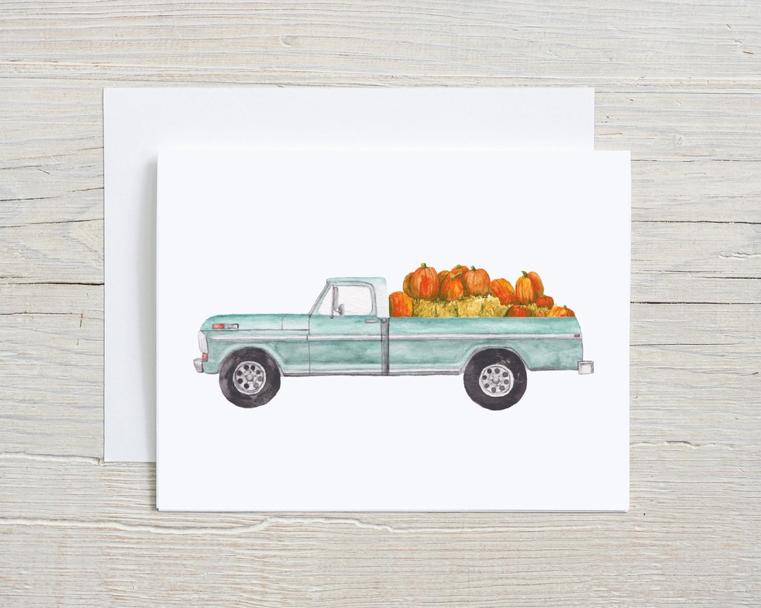 Fall Truck Note Card, Autumn Watercolor Stationary Set, Truck With ...
