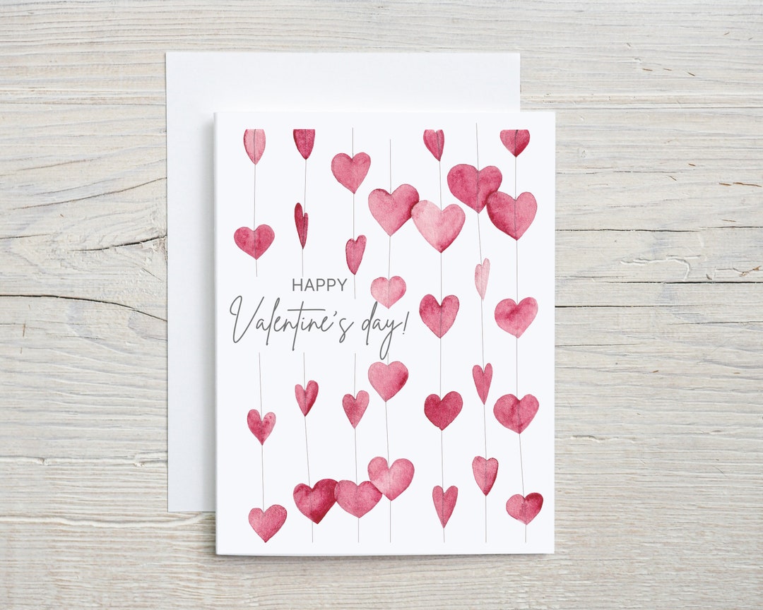 Valentine's Day Card, Hanging Hearts Watercolor Stationary, Hand ...