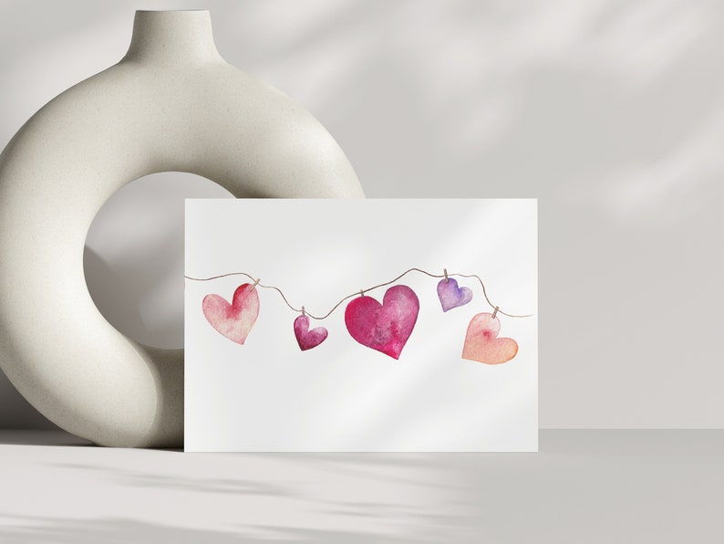 String of Hearts Card Valentine Watercolor Stationary - Etsy