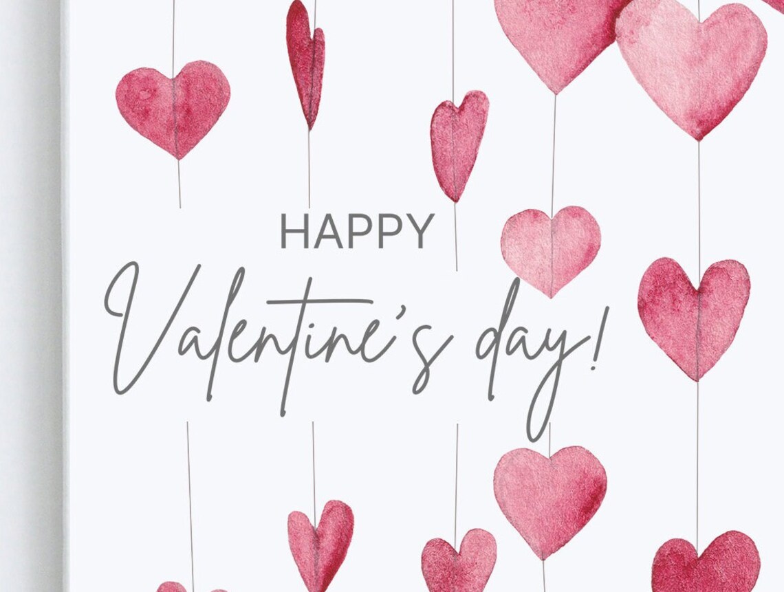 Valentine's Day Card Hanging Hearts Watercolor - Etsy