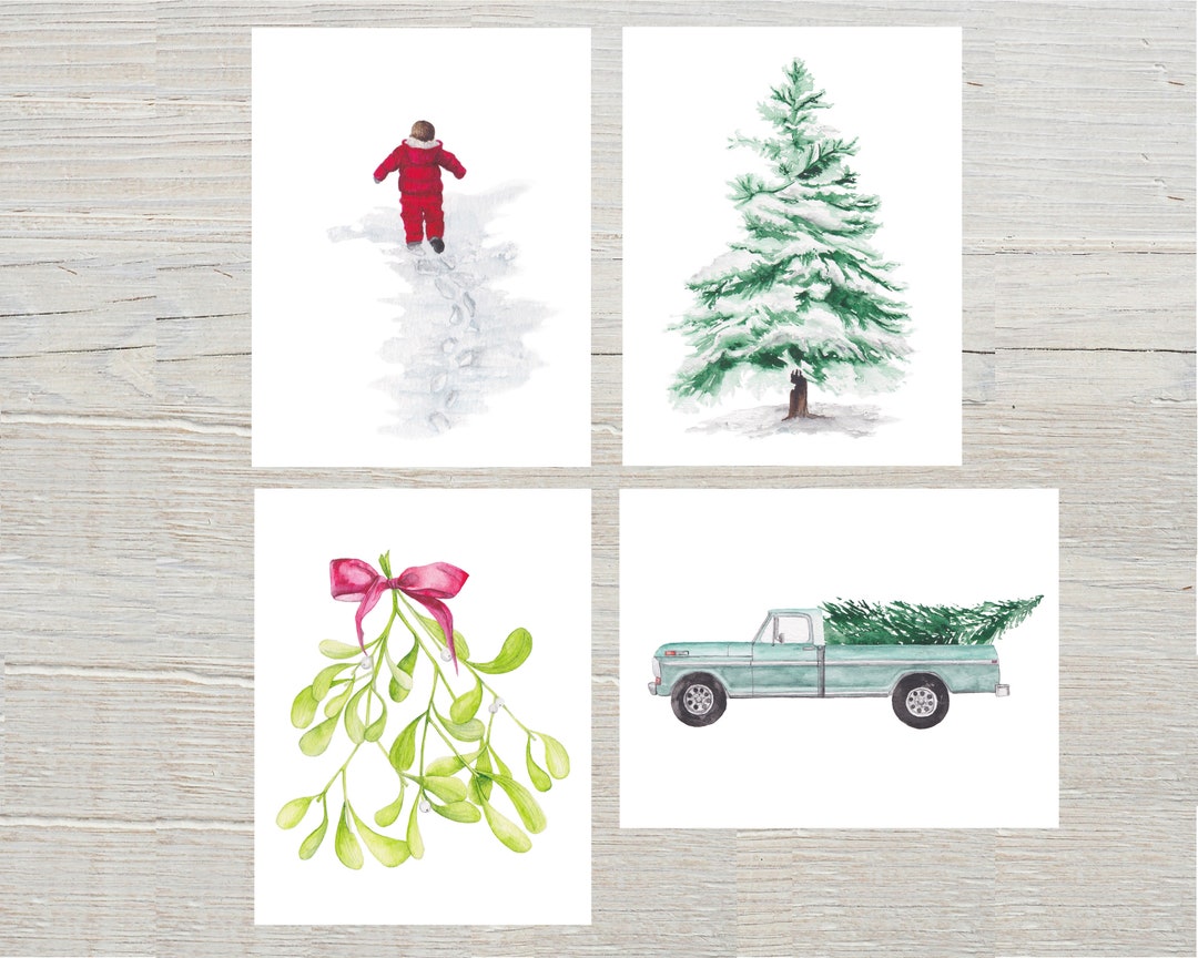 Winter Card Set of 4 or 8, Holiday Watercolor Stationary, Blank Card ...
