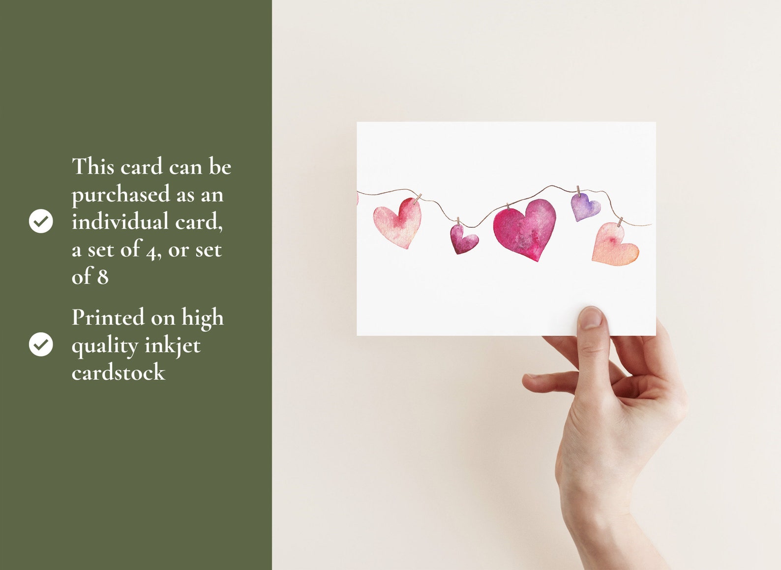 String of Hearts Card Valentine Watercolor Stationary - Etsy